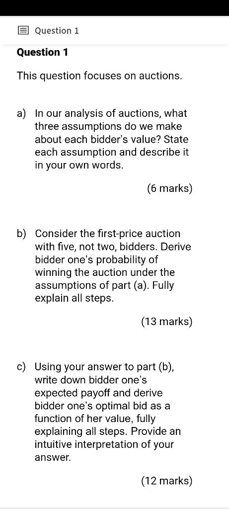Solved d) Graph bidder one’s expected payoff from part (c) | Chegg.com