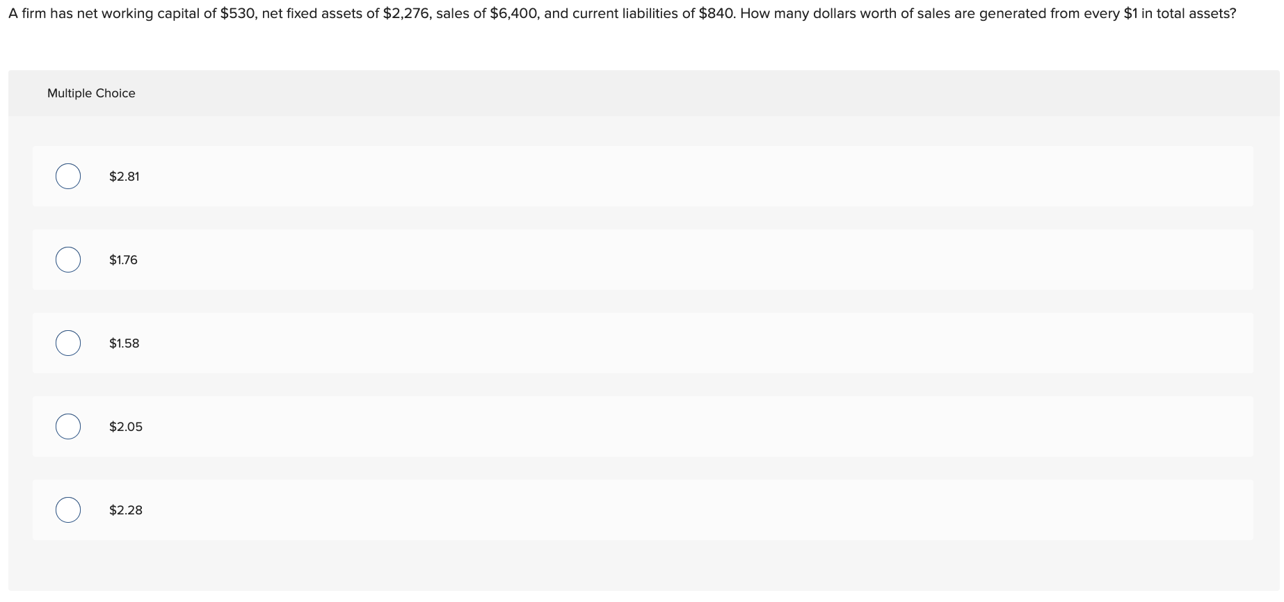 Solved Multiple Choice$2.81$1.76$1.58$2.05$2.28 | Chegg.com
