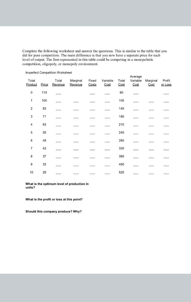 Solved Complete the following worksheet and answer the | Chegg.com