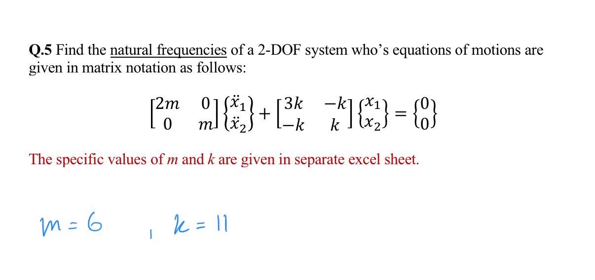 Solved Q.5 Find the natural frequencies of a 2-DOF system | Chegg.com