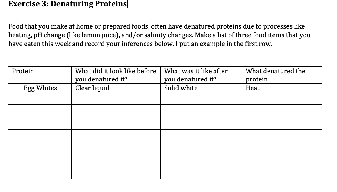 Solved Exercise 3: Denaturing Proteins Food that you make at | Chegg.com