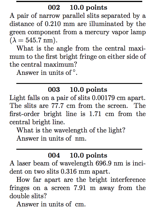 Solved 002 10.0 points A pair of narrow parallel slits | Chegg.com