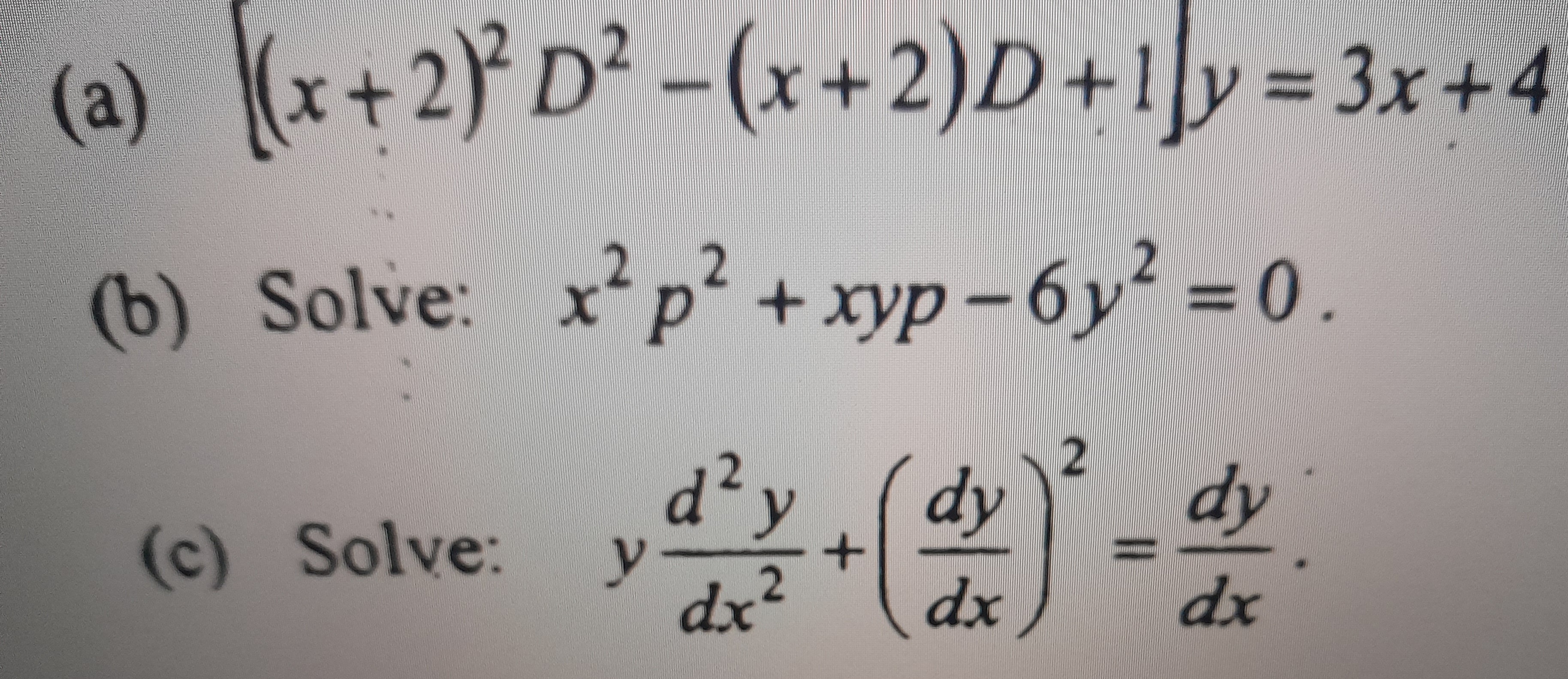Solved [(x+2)2D2−(x+2)D+1]y=3x+4 b) Solve: x2p2+xyp−6y2=0 | Chegg.com