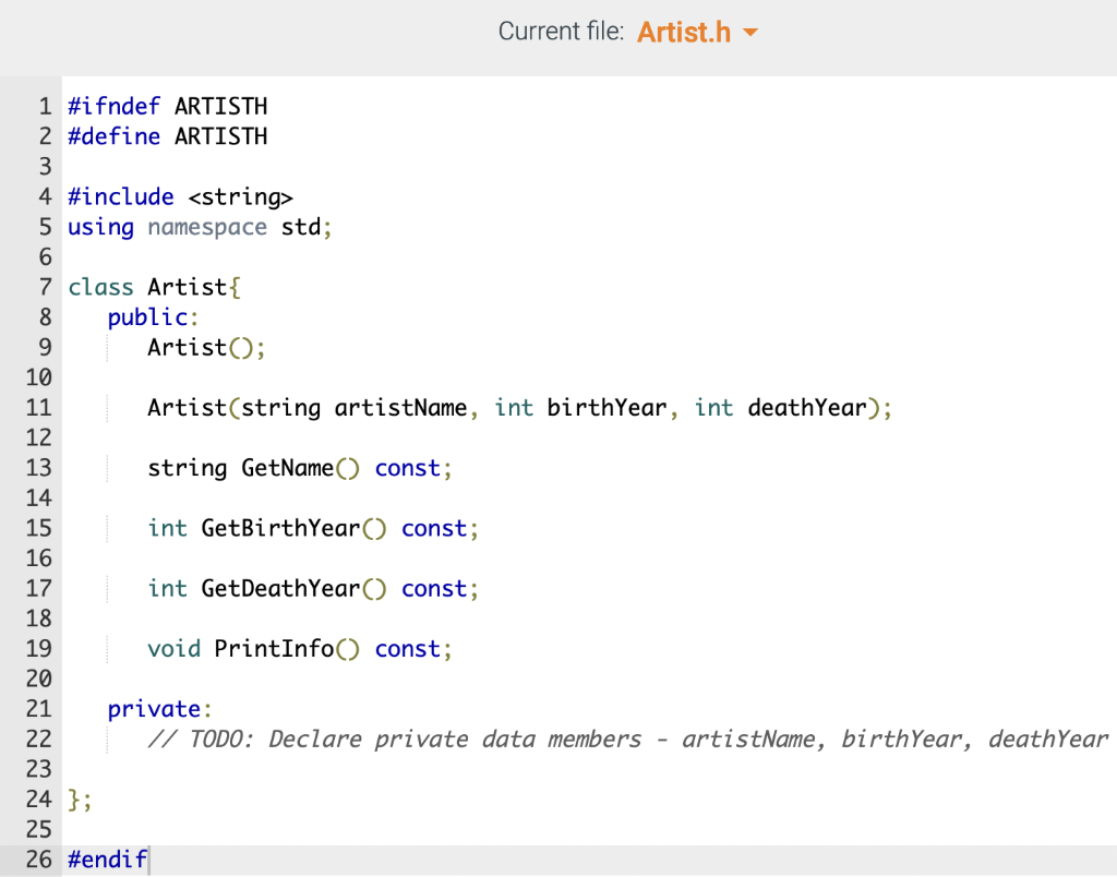 [Solved]: Given main0, complete the Artist class (in files