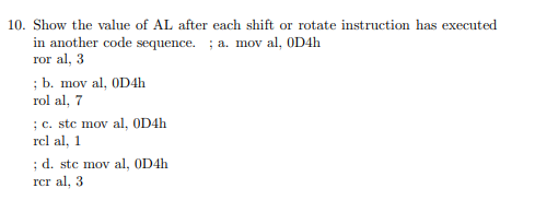 Solved Show the value of AL ﻿after each shift or rotate | Chegg.com