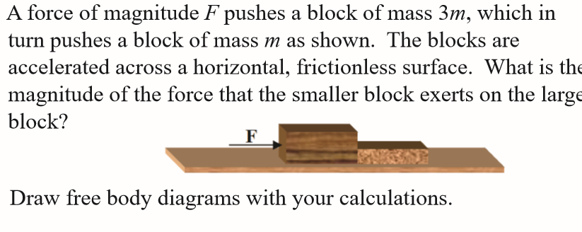 Solved A force of magnitude F pushes a block of mass 3m, | Chegg.com