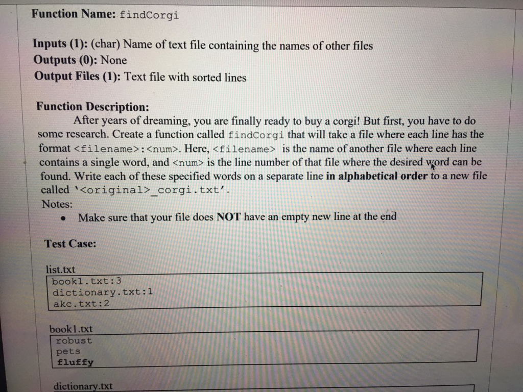 Function Name: findCorgi Inputs (1): (char) Name of | Chegg.com