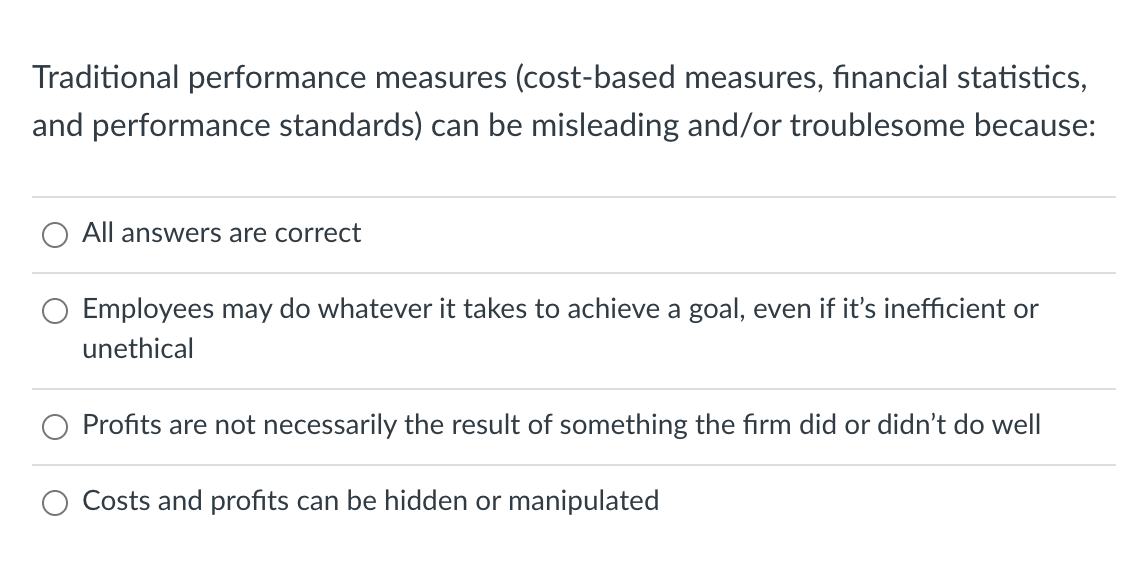 Solved Traditional performance measures (cost-based | Chegg.com