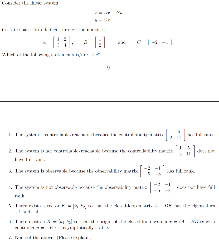 Consider the linear system x˙y=Ax+Bu=Cx in state | Chegg.com