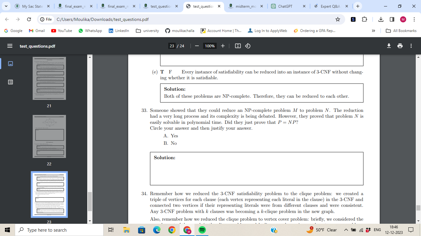 Solved (e) TF Every instance of satisfiability can be | Chegg.com