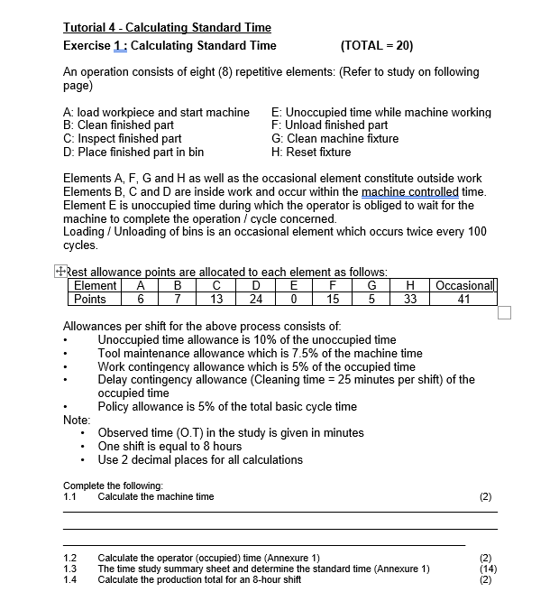 Tutorial 4 - Calculating Standard Time Exercise 1: | Chegg.com