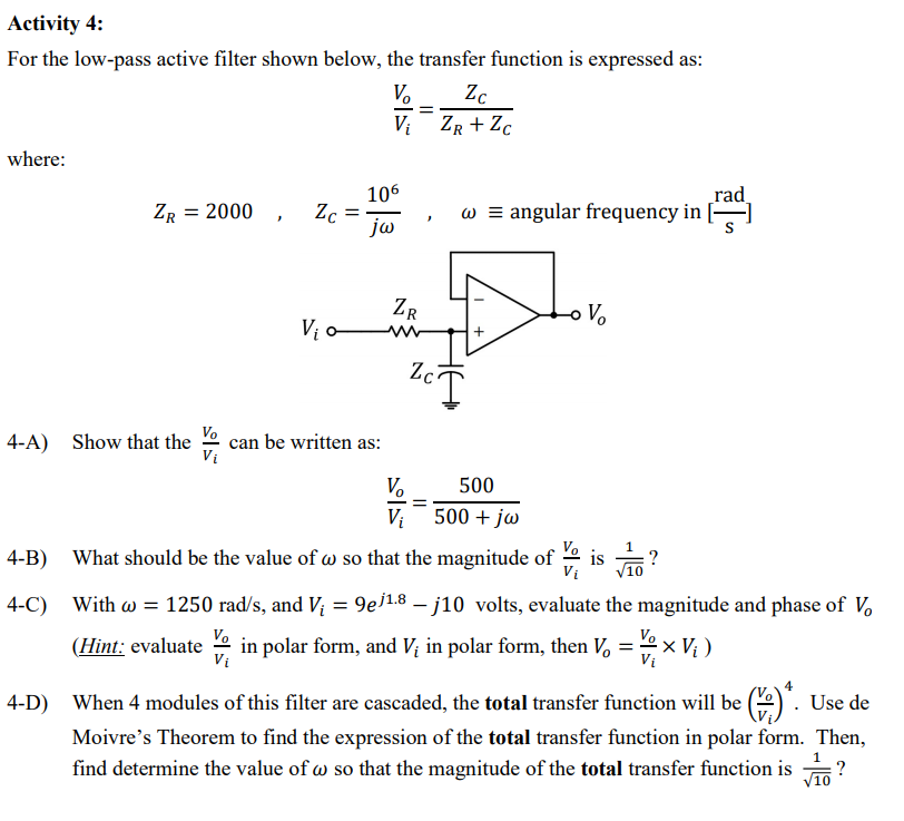 Solved Activity 4: For the low-pass active filter shown | Chegg.com