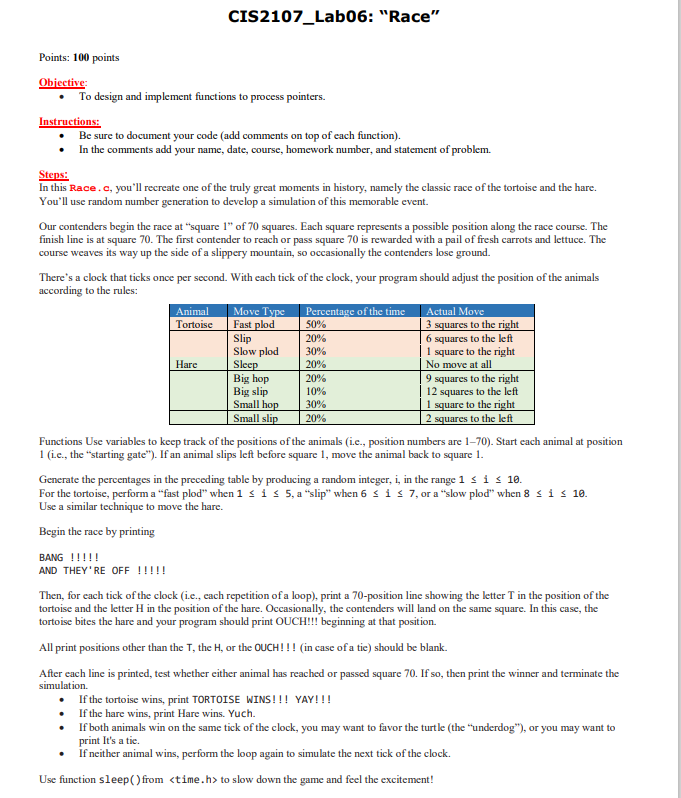 CIS2107_Lab06: "Race" Points: 100 points 30% 20% Hare | Chegg.com