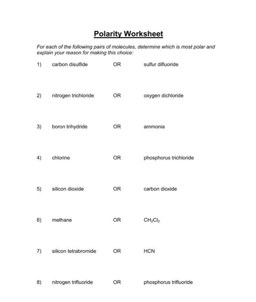 Solved Polarity Worksheet For each of the following pairs of | Chegg.com