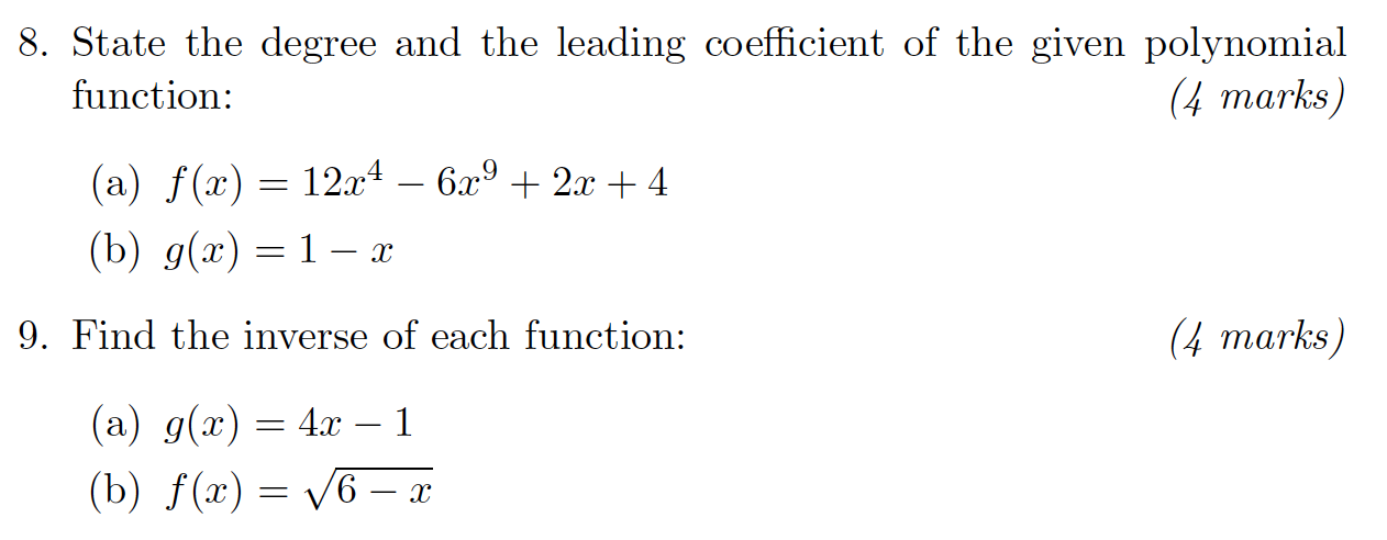 Solved 8. State the degree and the leading coefficient of | Chegg.com