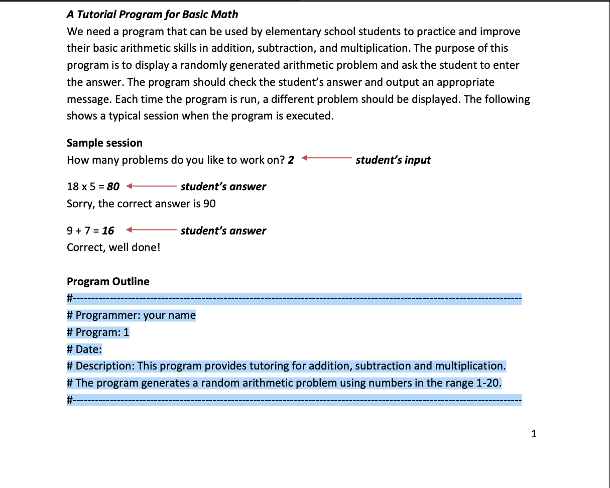 Solved A Tutorial Program for Basic Math We need a program | Chegg.com