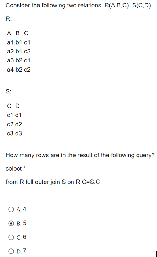 Solved Consider the following two relations: R(A,B,C), | Chegg.com