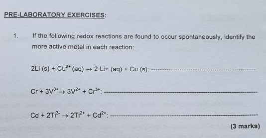 Solved PRE-LABORATORY EXERCISES: 1. If the following redox | Chegg.com