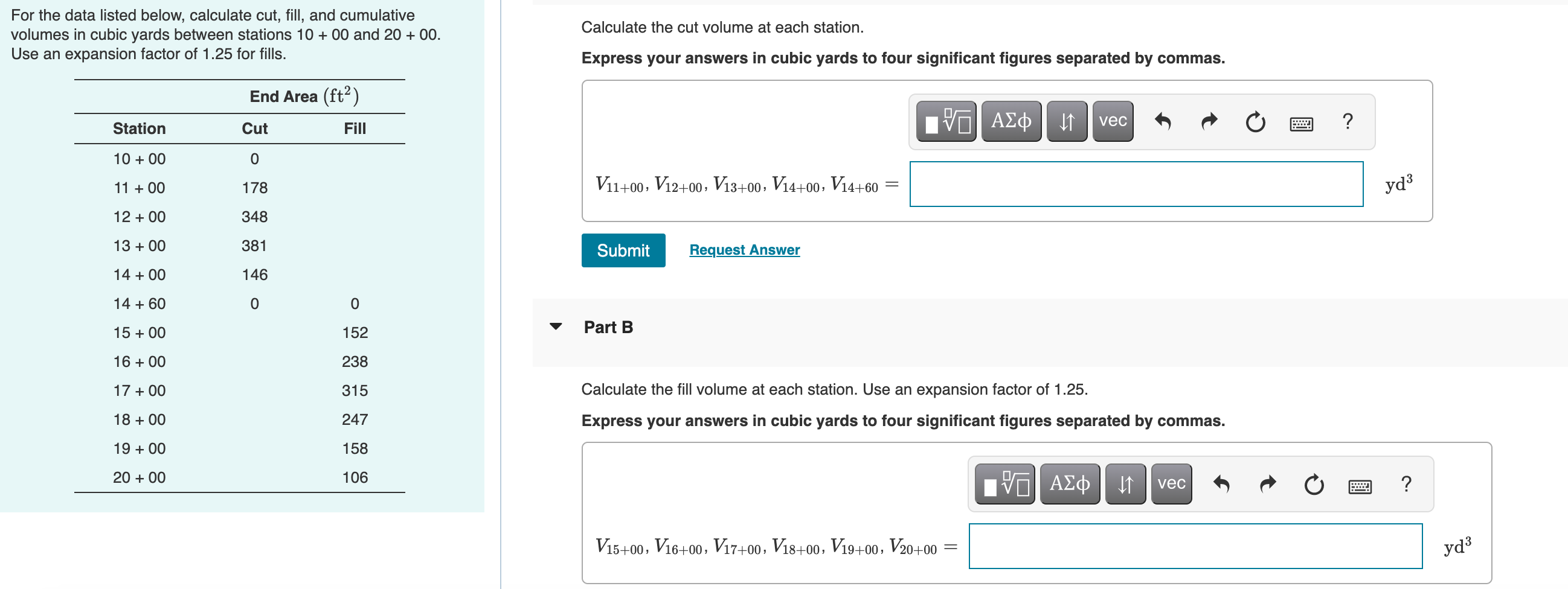 Solved For the data listed below, calculate cut, fill, and | Chegg.com