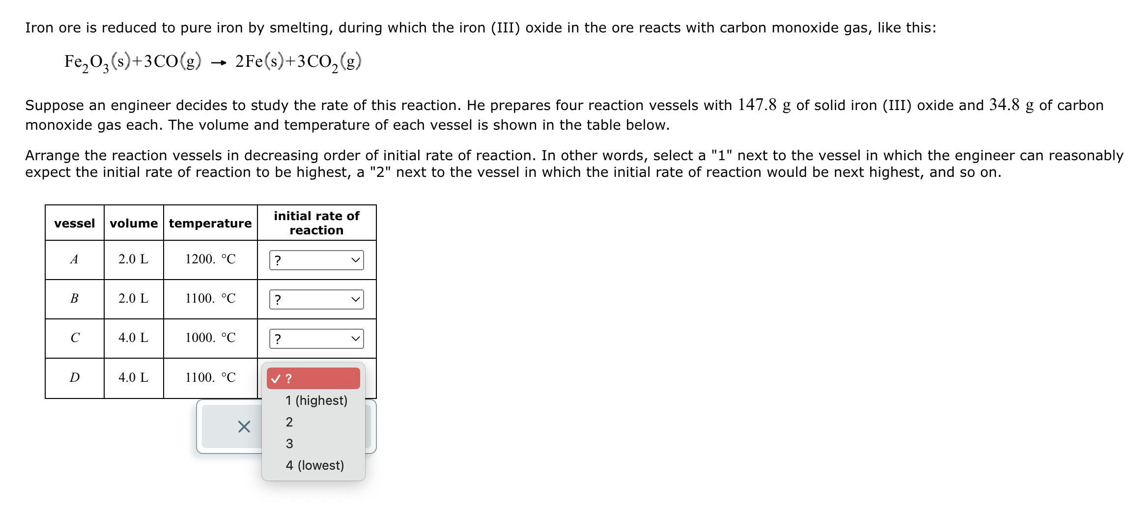 Solved Fe2O3( s)+3CO(g)→2Fe(s)+3CO2( g) Suppose an engineer | Chegg.com