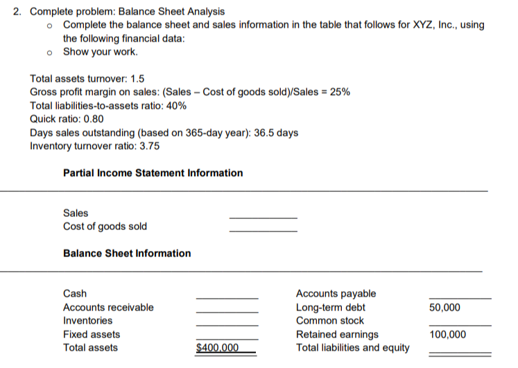 Solved 2. Complete problem: Balance Sheet Analysis o | Chegg.com