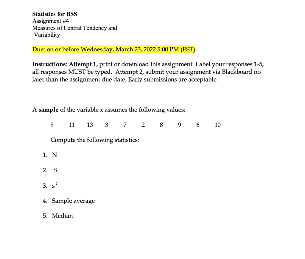 Solved Statistics for BSS Assignment #4 Measures of Central | Chegg.com