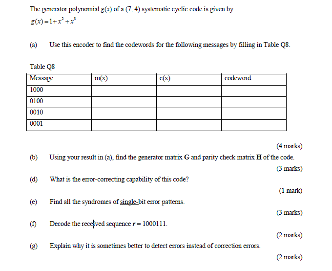 Solved The generator polynomial g(x) of a (7,4) systematic | Chegg.com