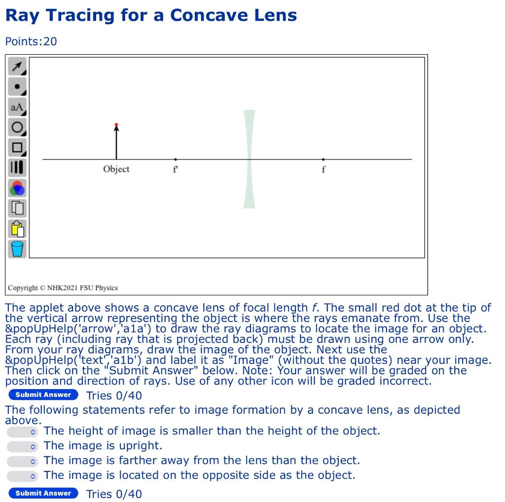 Solved Ray Tracing for a Concave Lens Points:20 Object f | Chegg.com