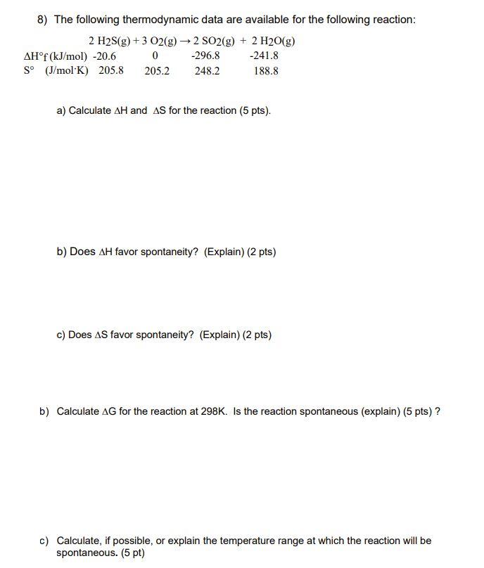 Solved 8) The following thermodynamic data are available for | Chegg.com