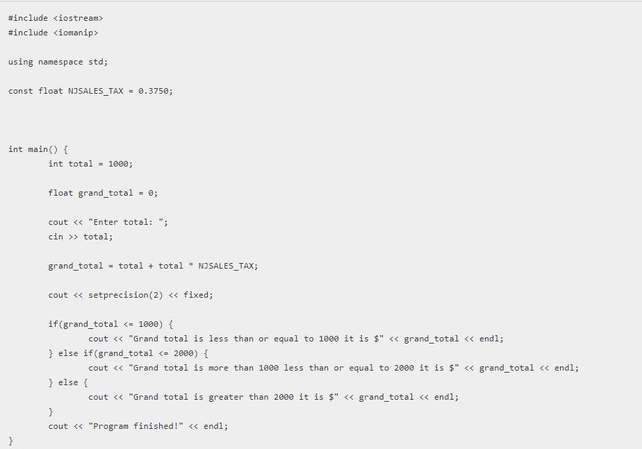 Solved using namespace std; const float NJSALES_TAX =0.3750; | Chegg.com