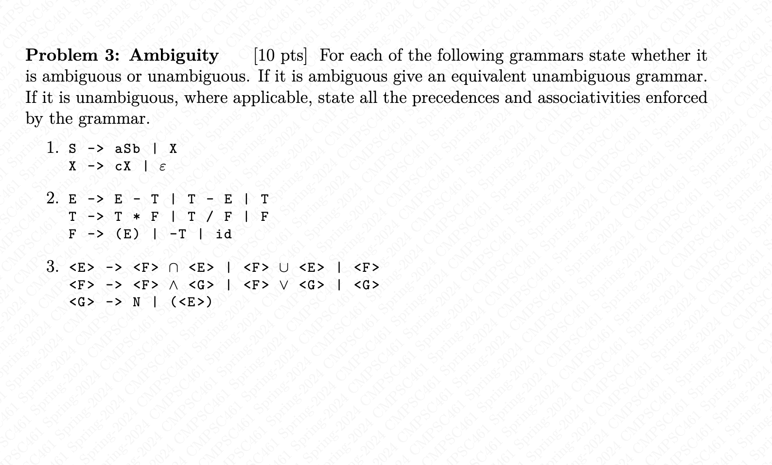 Solved Problem 3: Ambiguity [10 ﻿pts] ﻿For each of the | Chegg.com