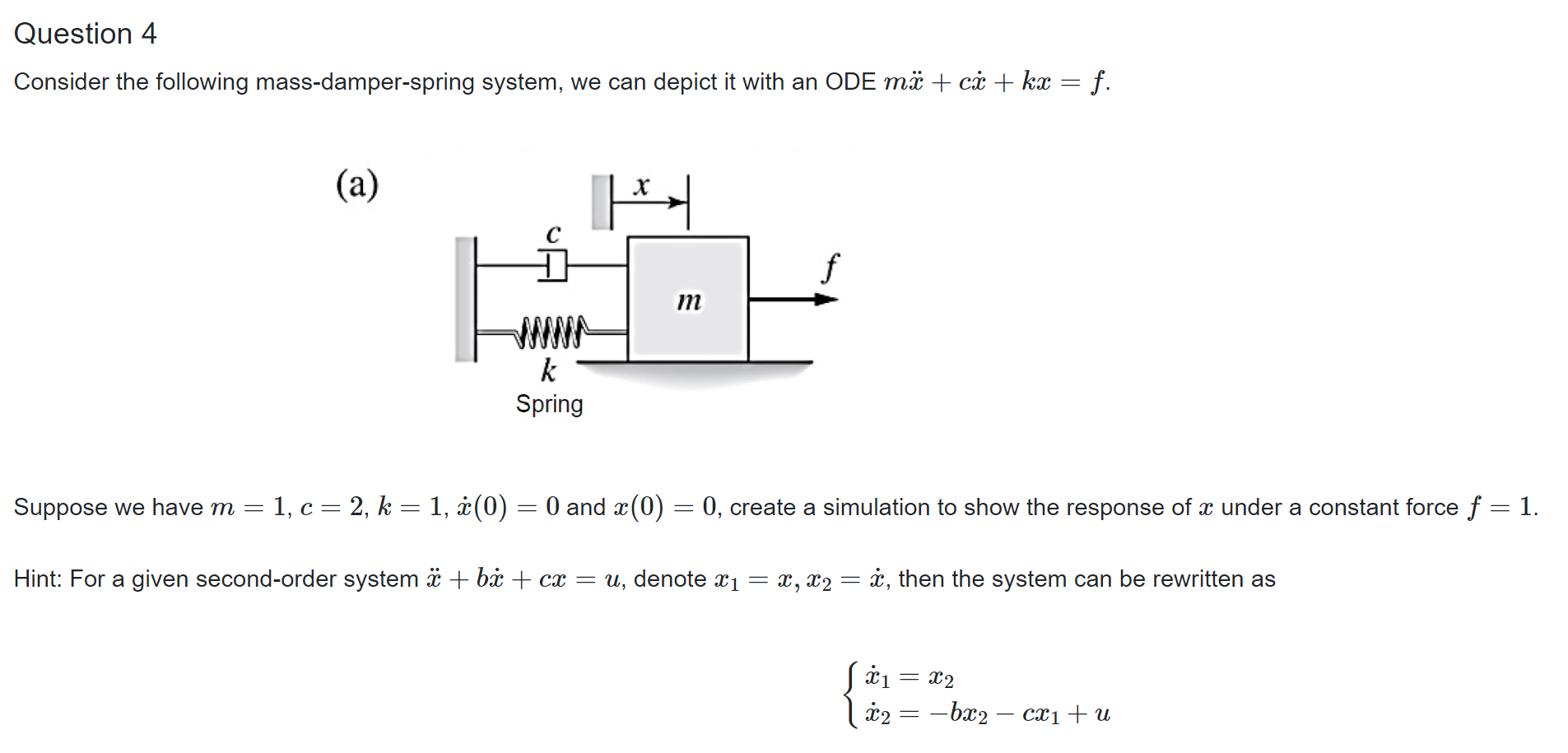 Solved Question 4 Consider the following mass-damper-spring | Chegg.com