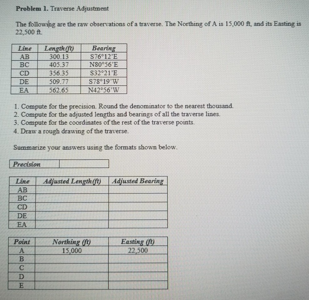 Solved Problem 1. Traverse Adjustment The following 22,500 | Chegg.com