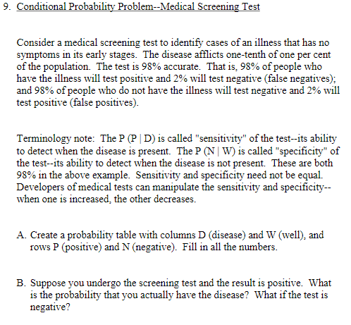 Solved 9. Conditional Probability Problem--Medical Screening | Chegg.com
