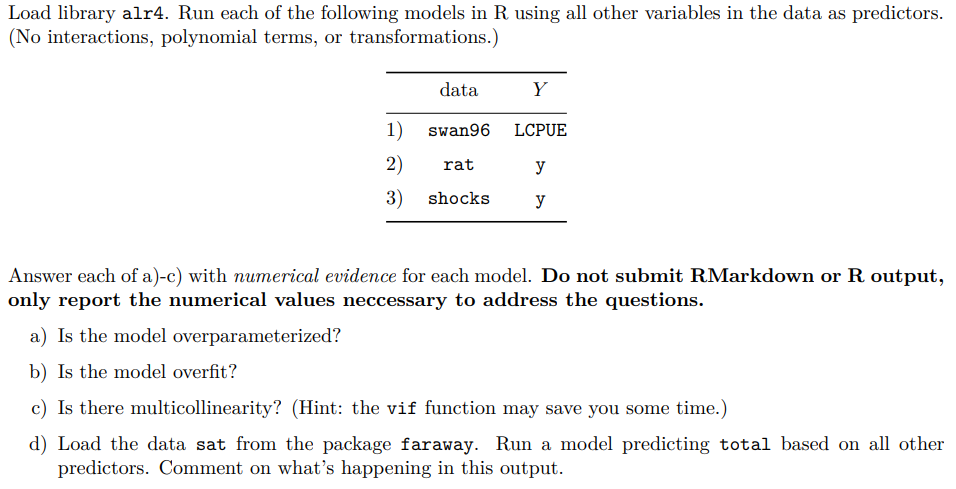 Load library alr4. Run each of the following models | Chegg.com