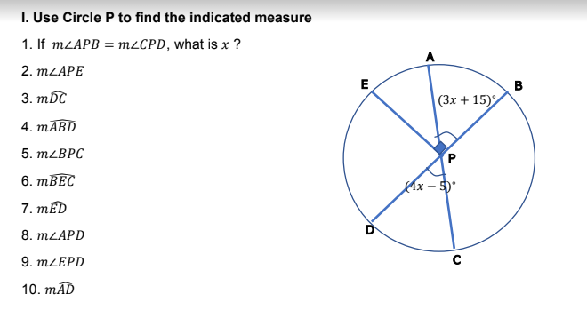 Solved I. Use Circle P to find the indicated measure 1. If | Chegg.com