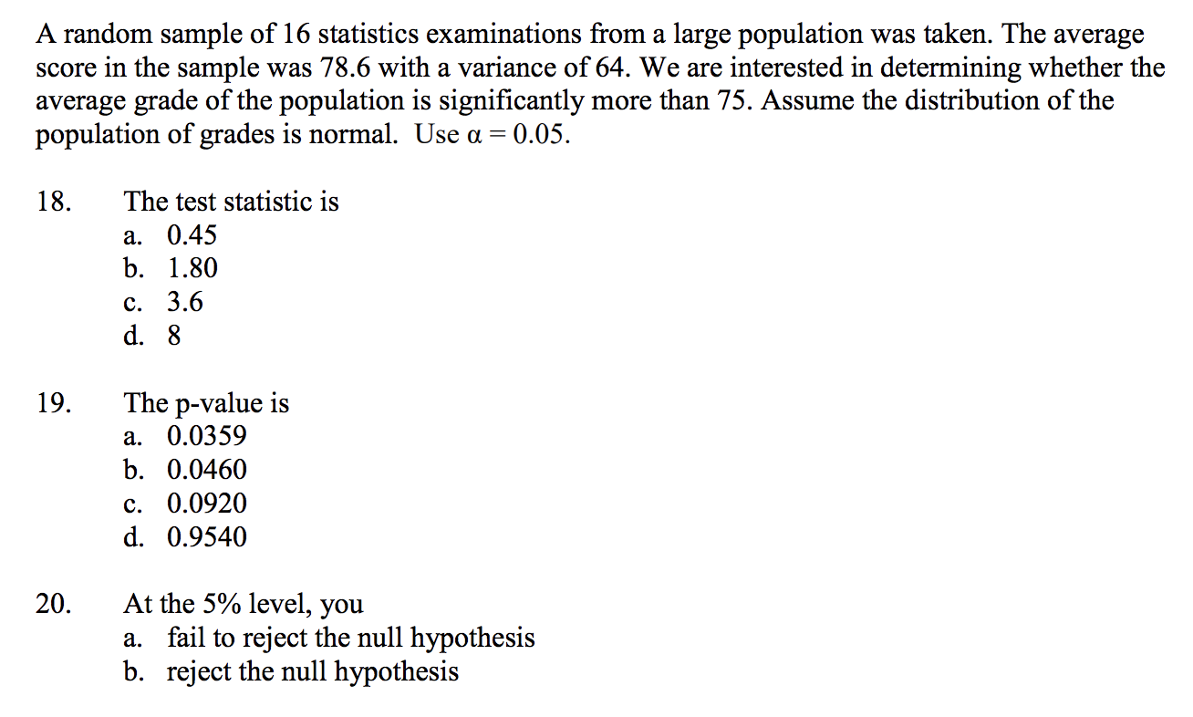 Solved A random sample of 16 statistics examinations from a | Chegg.com