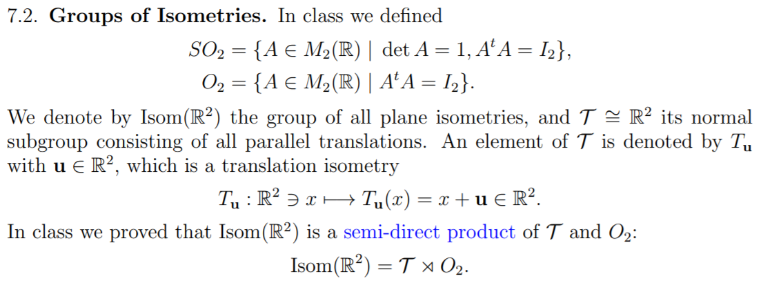 Solved 7.2. Groups of Isometries. In class we defined SO2 = | Chegg.com