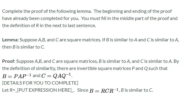 Solved Complete the proof of the following lemma. The | Chegg.com