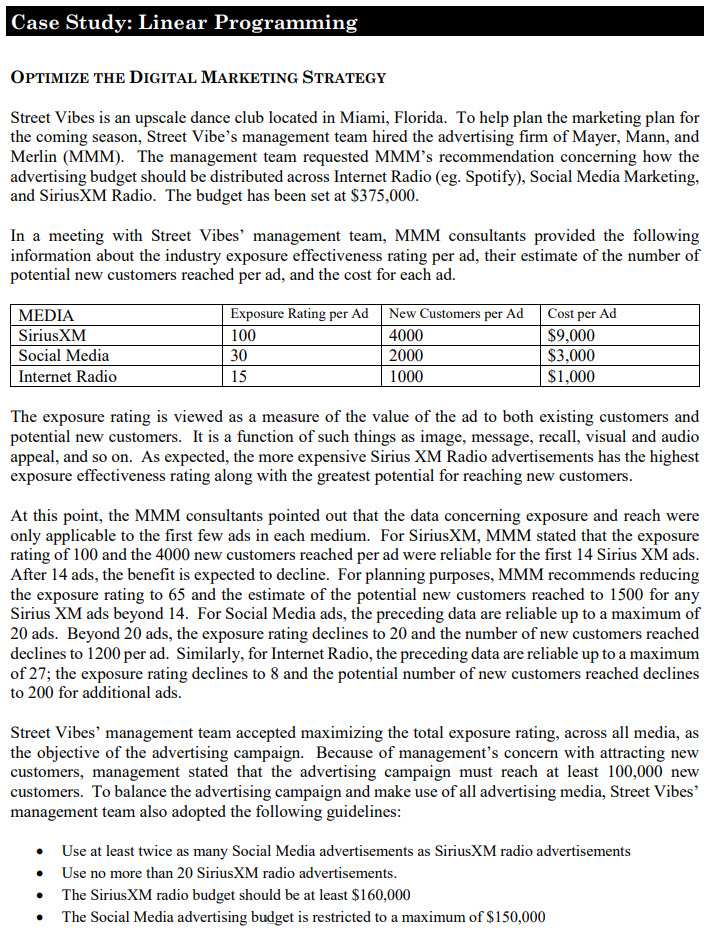 Solved Case Study: Linear Programming OPTIMIZE THE DIGITAL | Chegg.com
