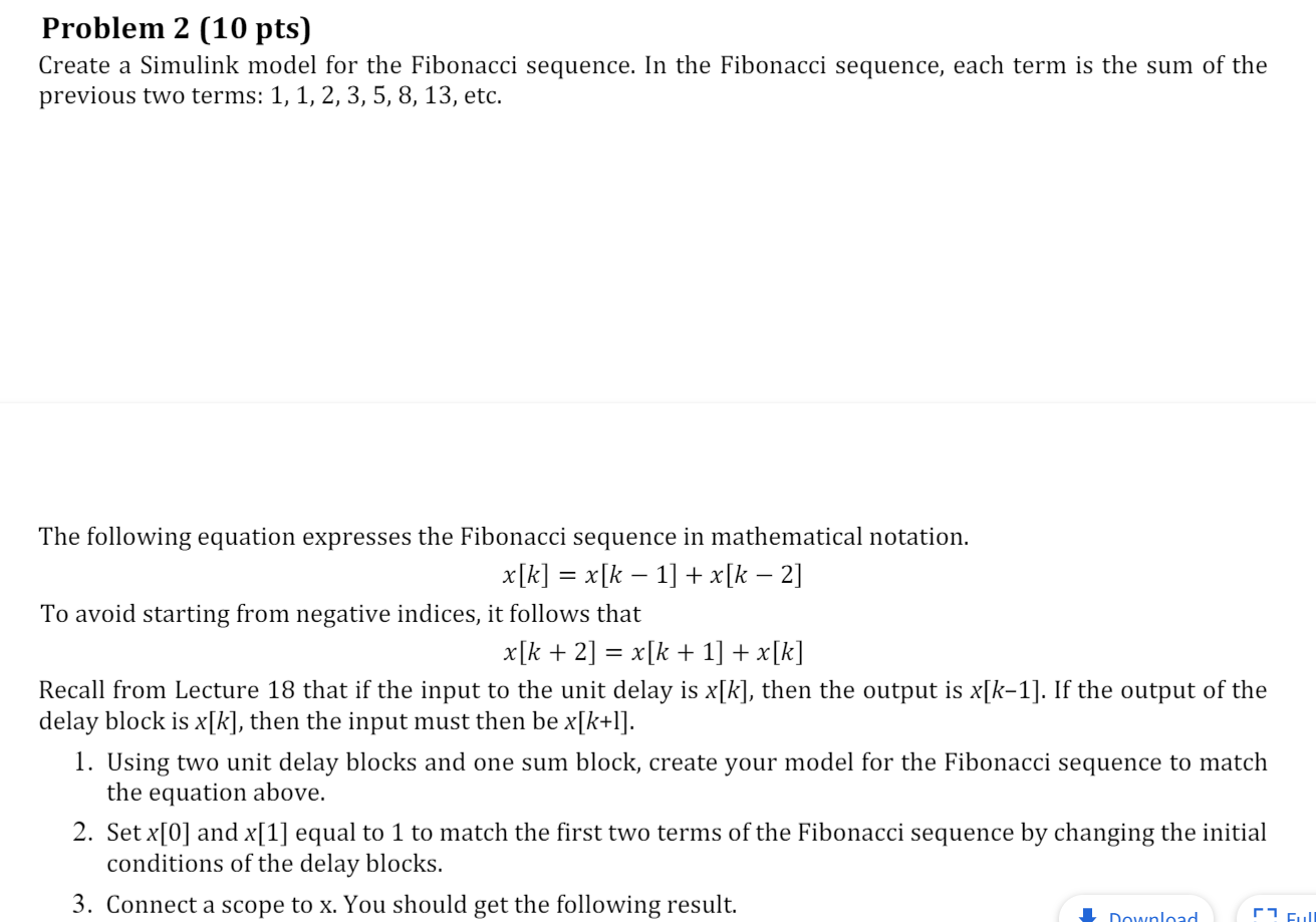 Solved Problem 2 (10 pts) Create a Simulink model for the | Chegg.com