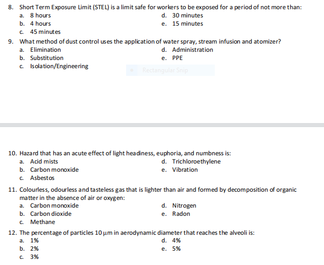 Solved 8. Short Term Exposure Limit (STEL) is a limit safe | Chegg.com