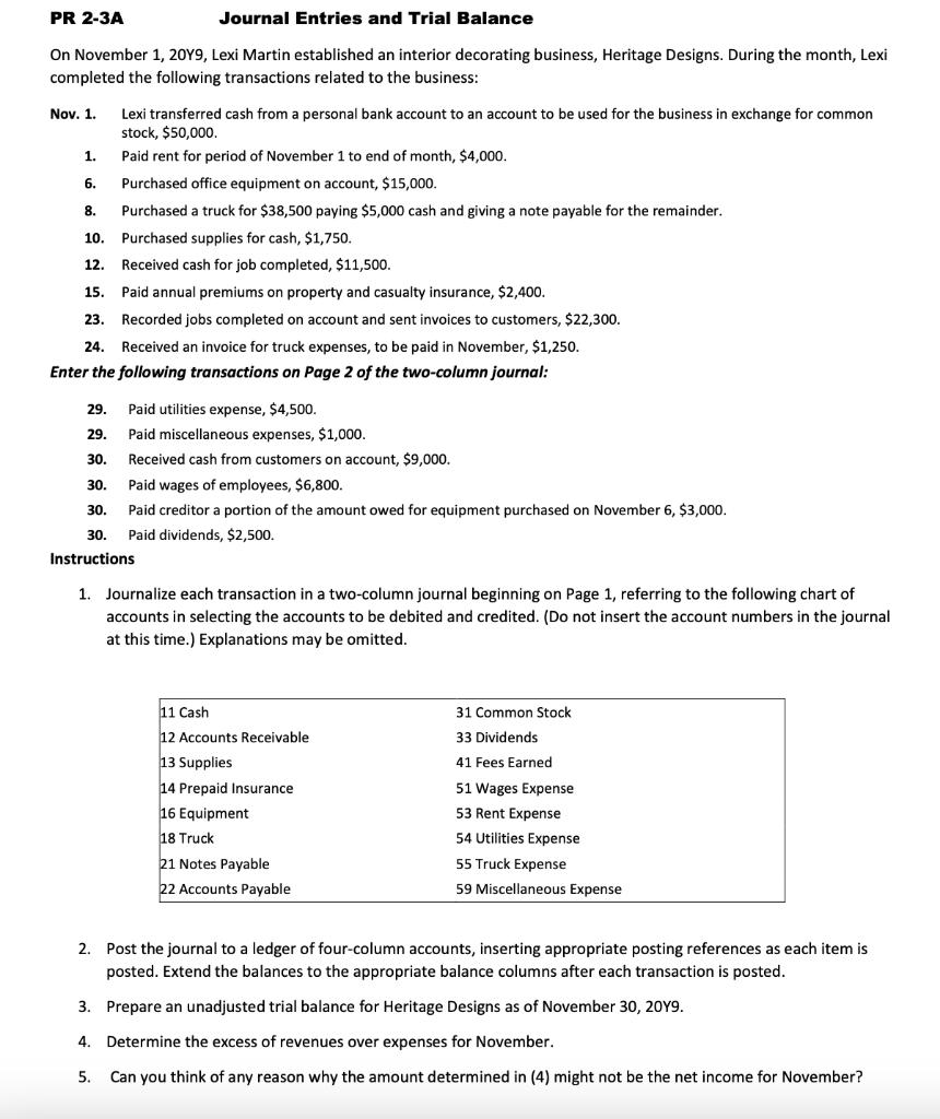 Solved PR 2-3A Journal Entries and Trial Balance On November | Chegg.com