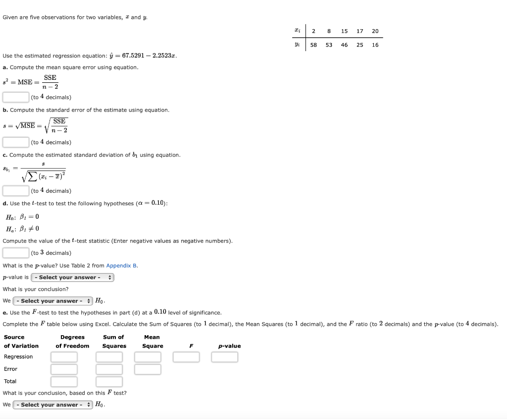 Solved Given are five observations for two variables, x and | Chegg.com
