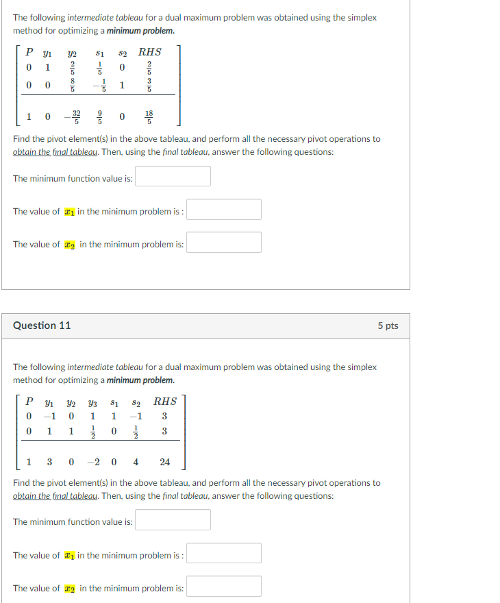 Solved The following intermediate tableau for a dual maximum | Chegg.com