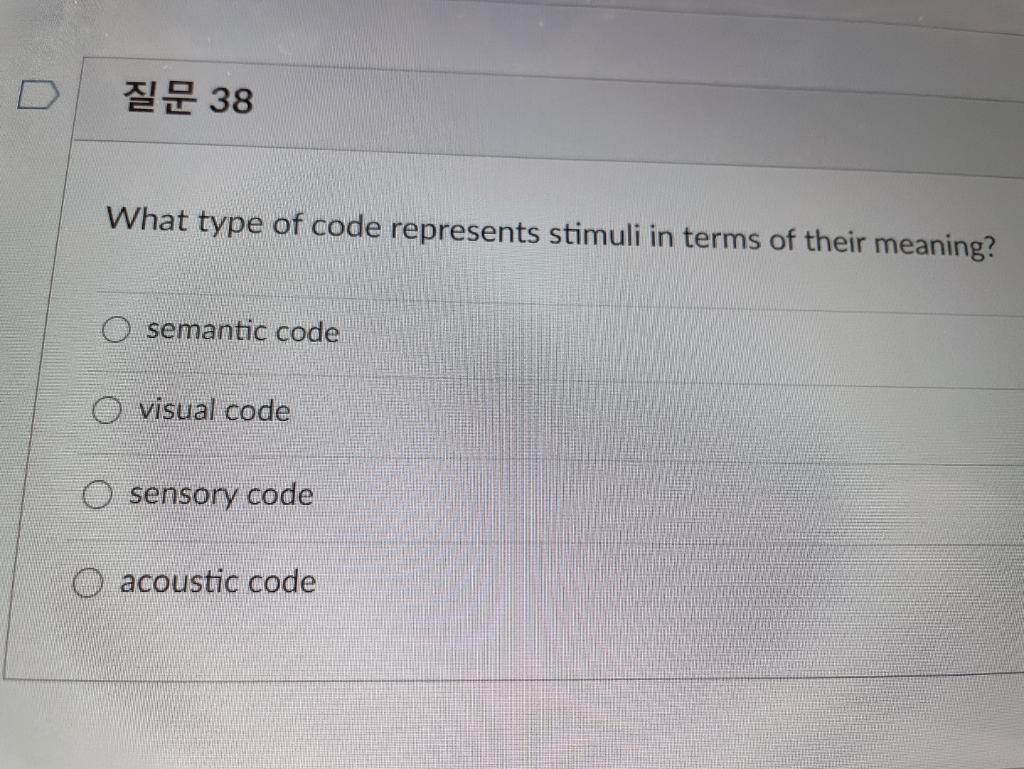 Solved 질문 38 What type of code represents stimuli in terms | Chegg.com