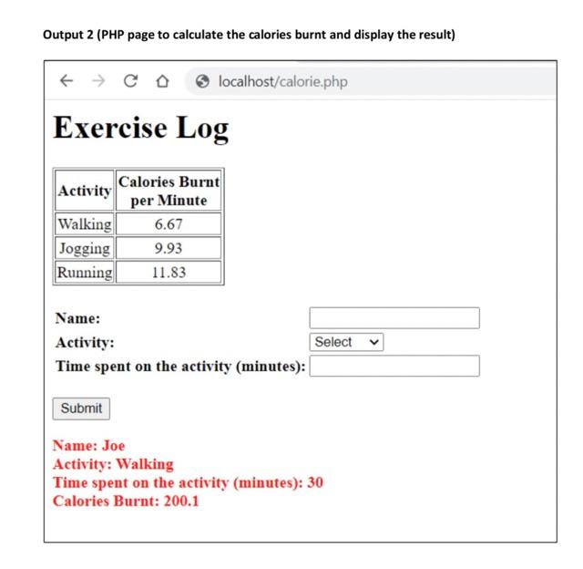Solved Output 2 (PHP page to calculate the calories burnt | Chegg.com