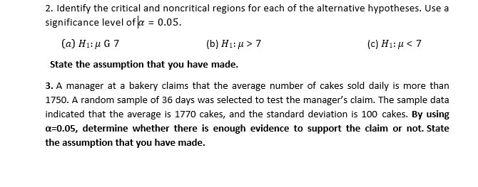 Solved 2. Identify the critical and noncritical regions for | Chegg.com
