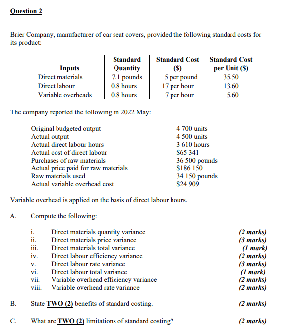Question 2 Brier Company, manufacturer of car seat | Chegg.com