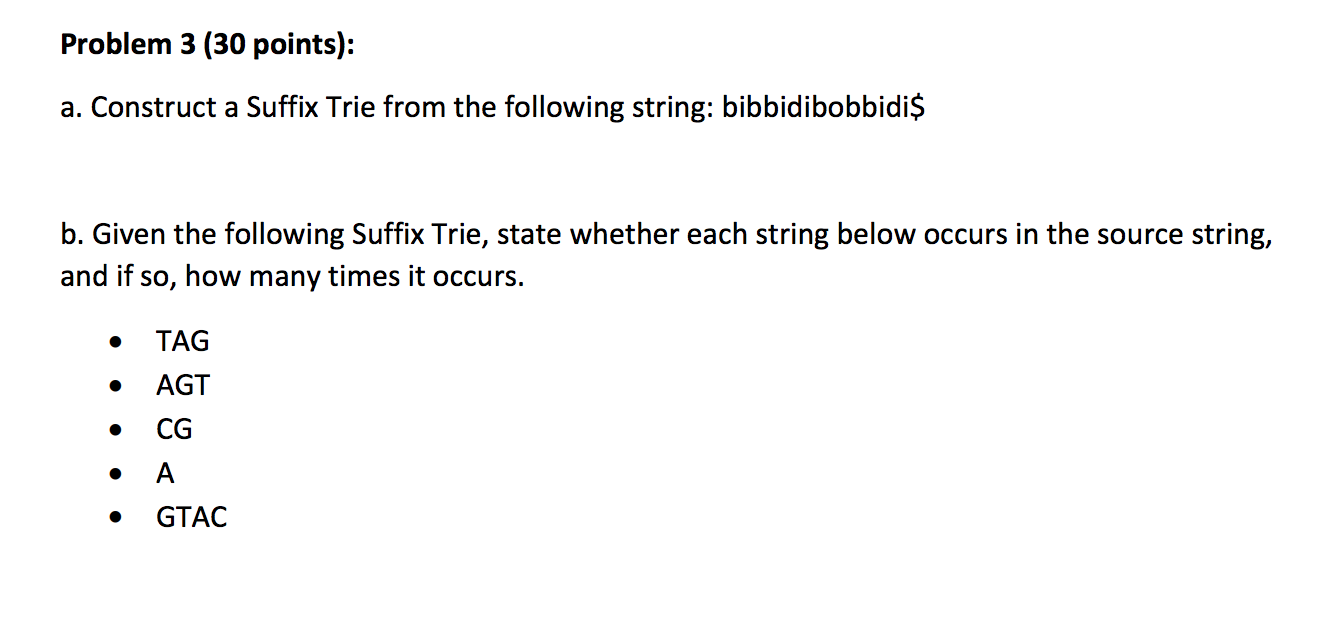 Solved Problem 3 (30 points): a. Construct a Suffix Trie | Chegg.com
